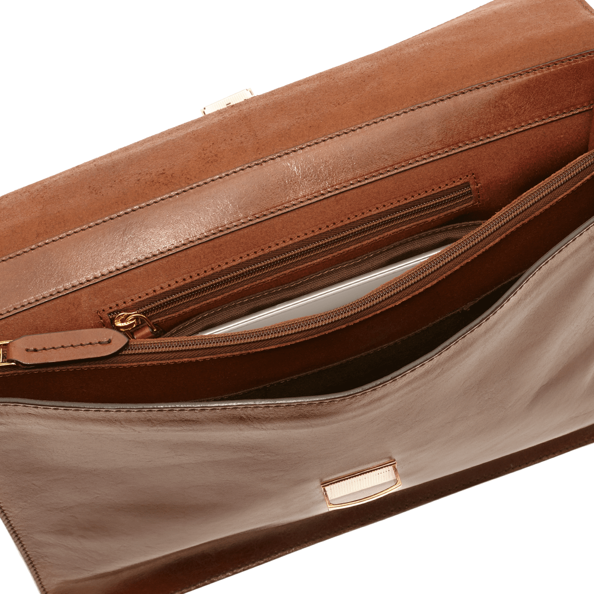 Men's leather laptop briefcase with shoulder strap BROWN/GOLD | The Bridge