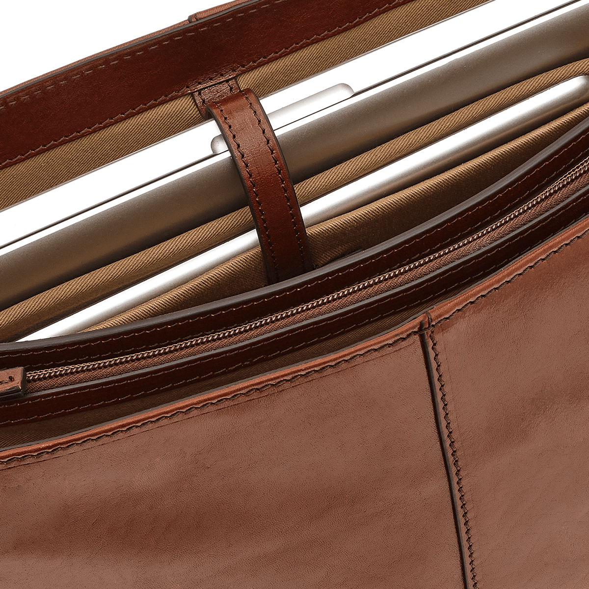 Men's leather laptop briefcase with shoulder strap BROWN/GOLD | The Bridge