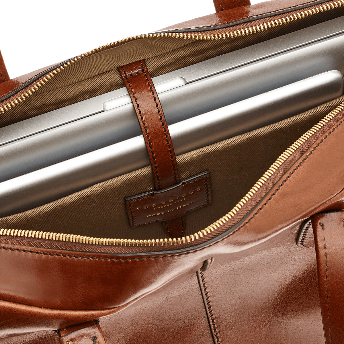Men's leather briefcase with shoulder strap BROWN/GOLD | The Bridge
