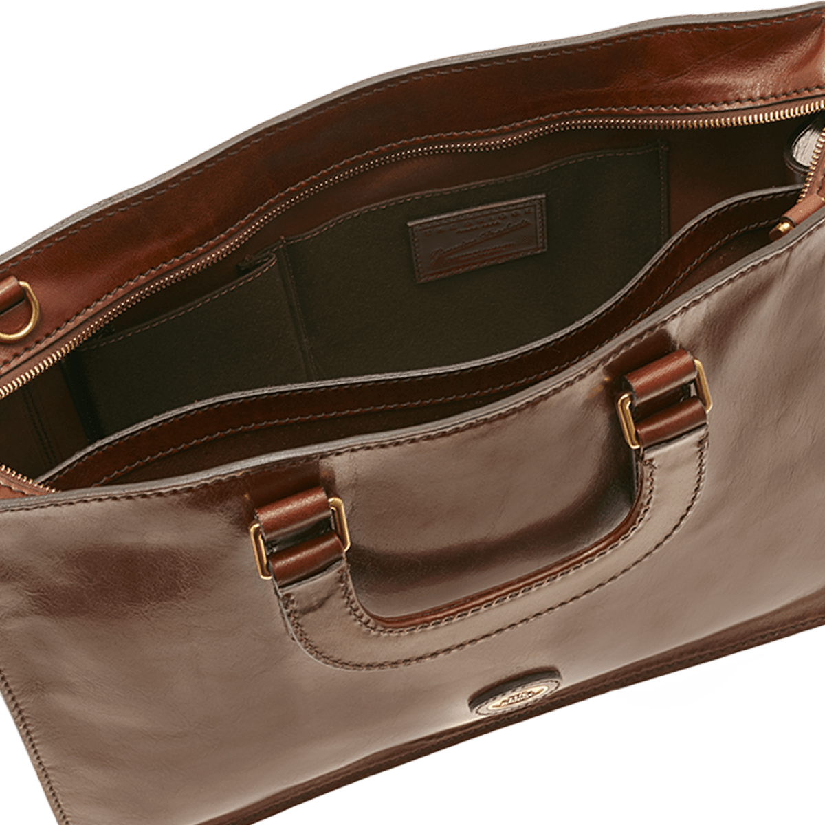 Men's leather briefcase with shoulder strap BROWN/GOLD | The Bridge